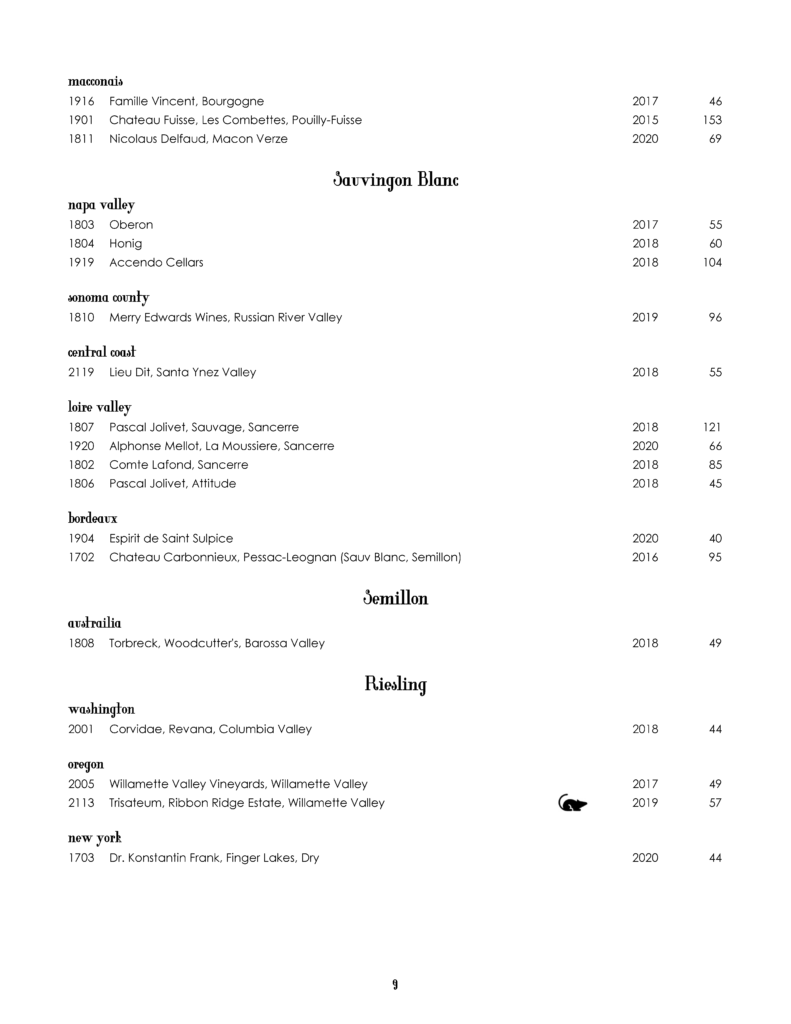 Wine List | Rat's Restaurant